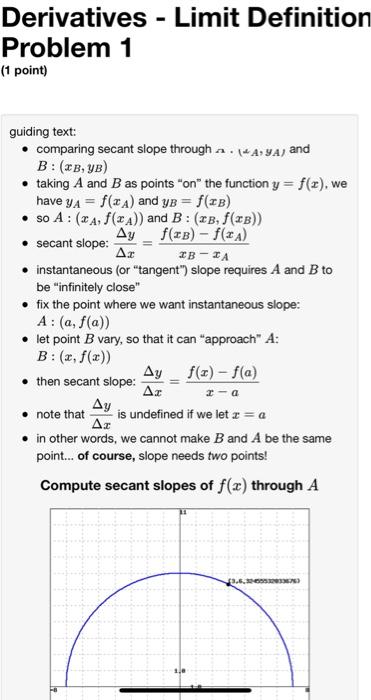 Solved Derivatives - Limit Definition Problem 1 (1 point) | Chegg.com