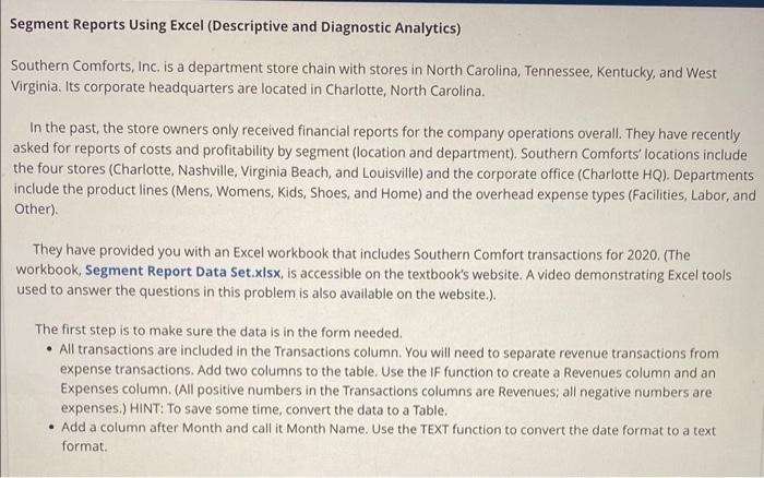 Segment Reports Using Excel (Descriptive and | Chegg.com