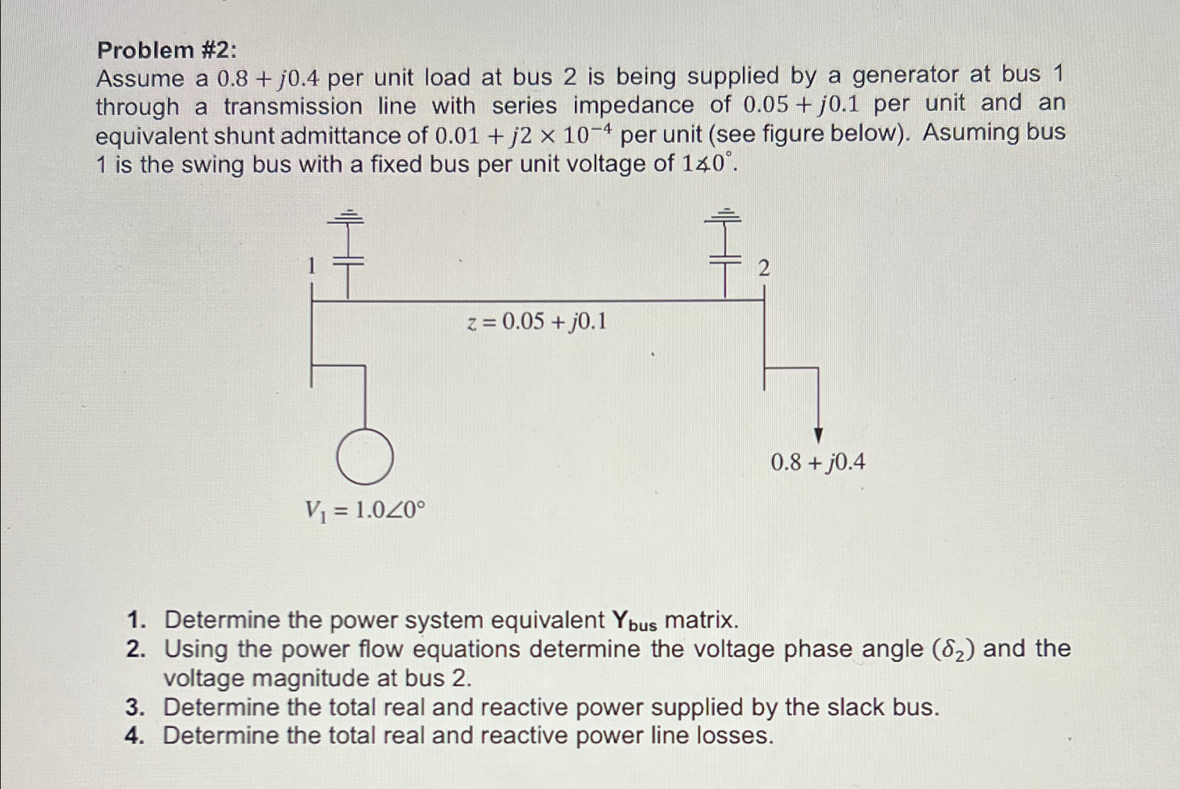 Solved Problem #2:Assume a 0.8+j0.4 ﻿per unit load at bus 2 | Chegg.com