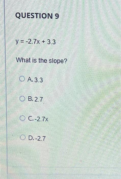 Solved QUESTION 9 y=−2.7x+3.3 What is the slope? A. 3.3 B. | Chegg.com