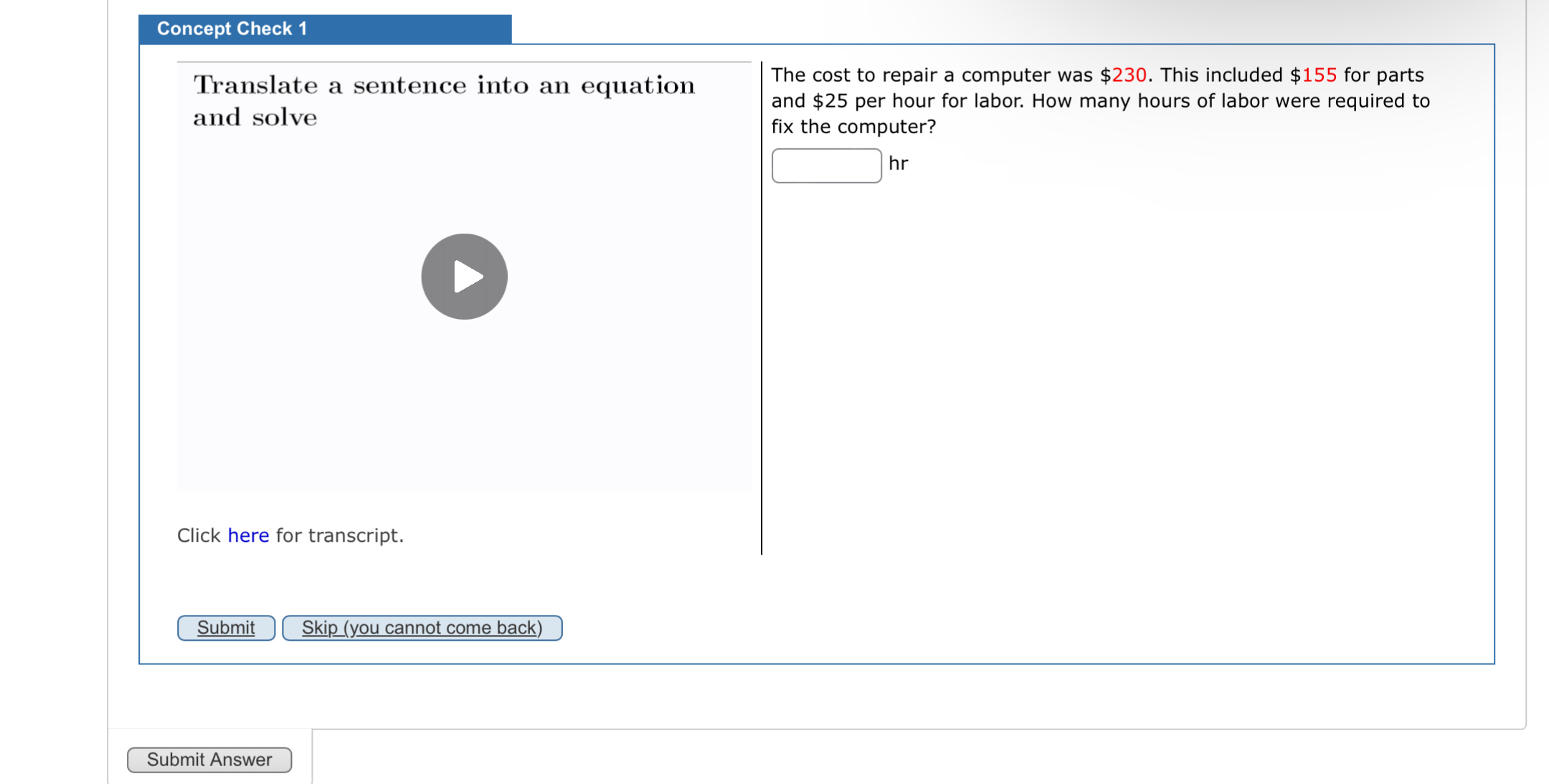 Solved Concept Check 1Translate a sentence into an equation | Chegg.com
