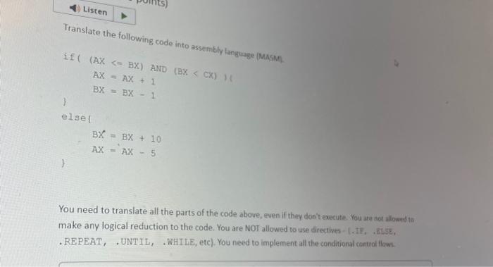 Translate the following code into assembly language | Chegg.com