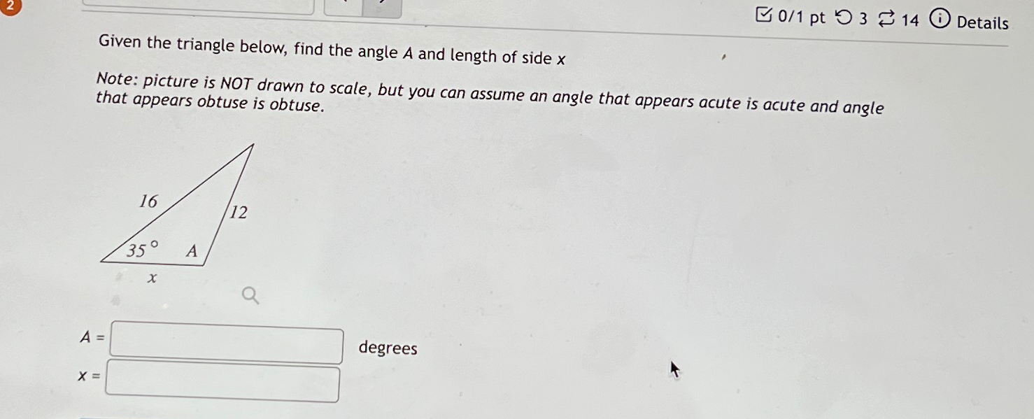 Solved 201pt314(i) ﻿DetailsGiven the triangle below, find | Chegg.com