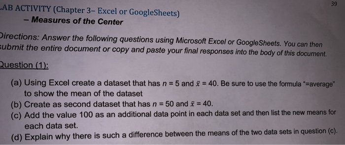 Solved 39 LAB ACTIVITY (Chapter 3- Excel or GoogleSheets) | Chegg.com