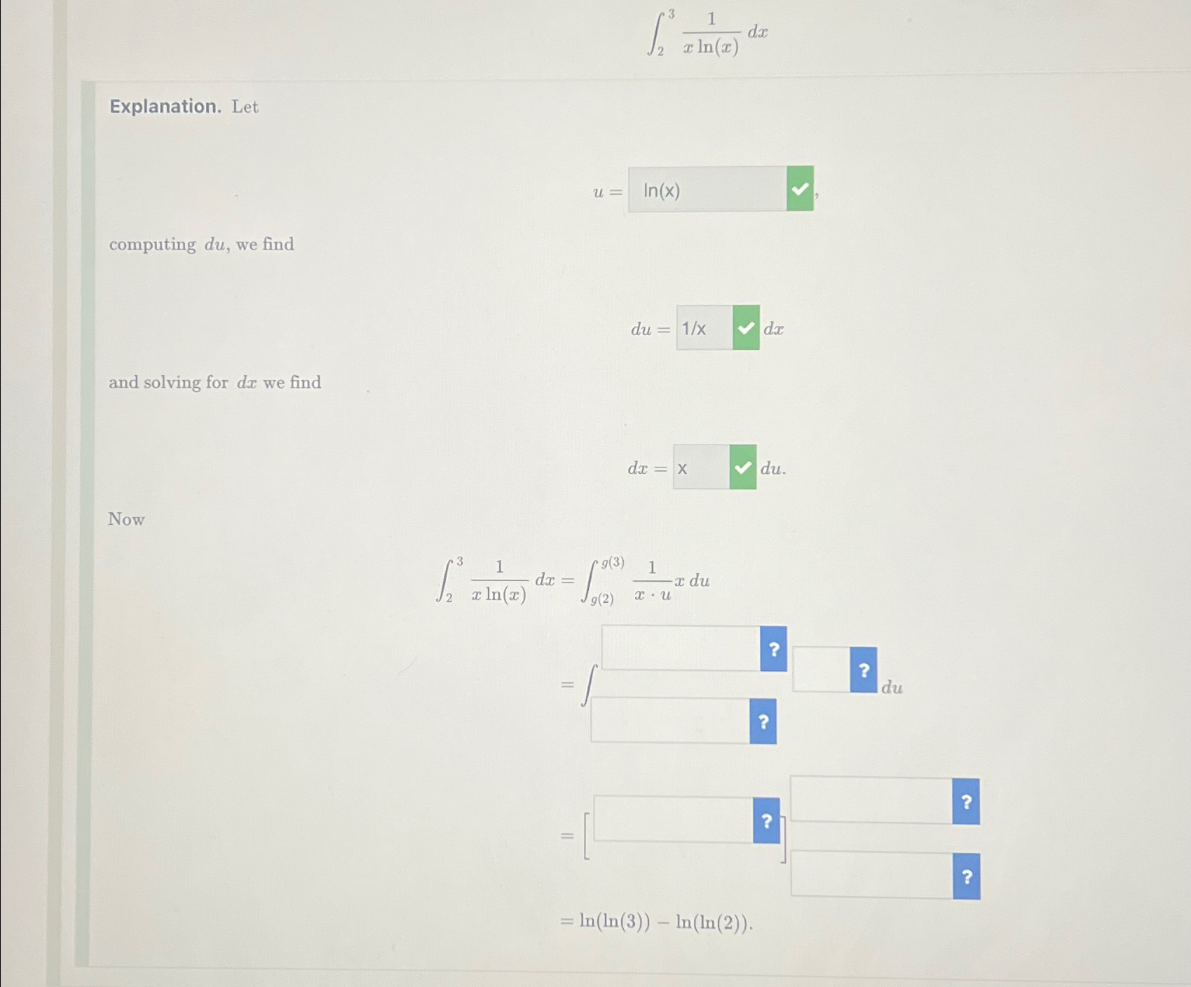 Solved ∫231xln(x)dxExplanation. Letu=computing du, ﻿we | Chegg.com