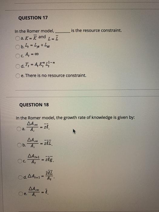 Solved QUESTION 17 is the resource constraint. In the Romer | Chegg.com