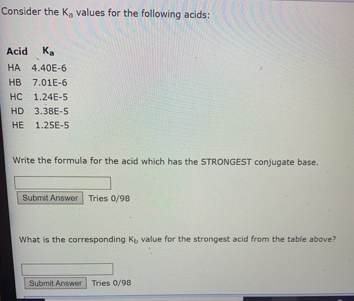 Solved Consider the Ka values for the following acids: Acid | Chegg.com