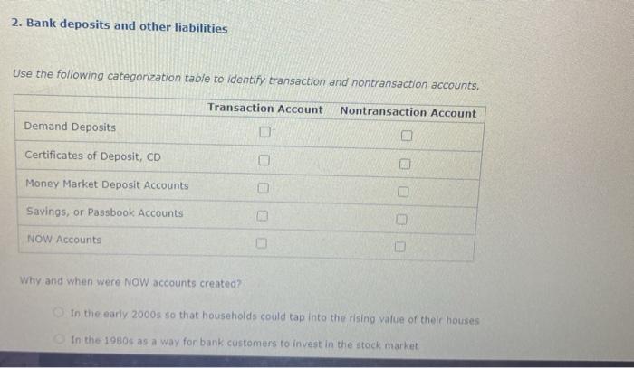 Solved 2. Bank deposits and other liabilities Use the | Chegg.com