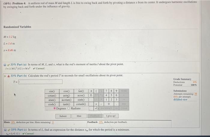 Solved (10\%) Problem 4: A uniform rod of mass M and length | Chegg.com