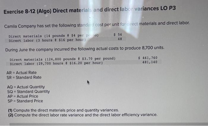 Solved Exercise 8-12 (Algo) Direct materials and direct | Chegg.com