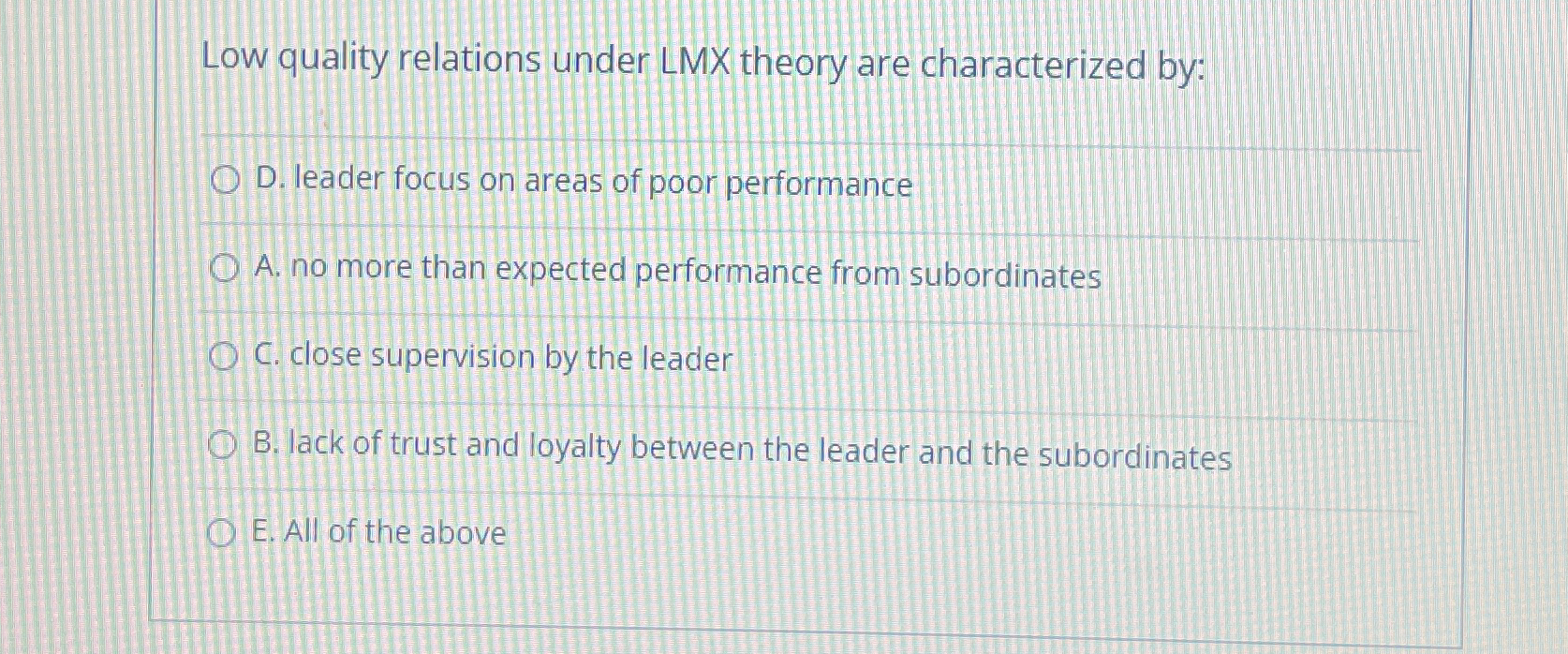 Solved Low quality relations under LMX theory are | Chegg.com