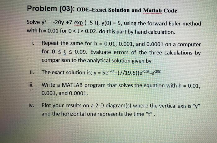 Solved Problem (03): ODE-Exact Solution and Matlab Code | Chegg.com