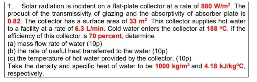 Solved 1. Solar radiation is incident on a flat-plate | Chegg.com