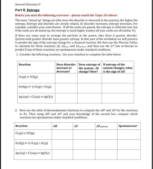 Solved General Chemistry II Part II. Entropy Before you | Chegg.com