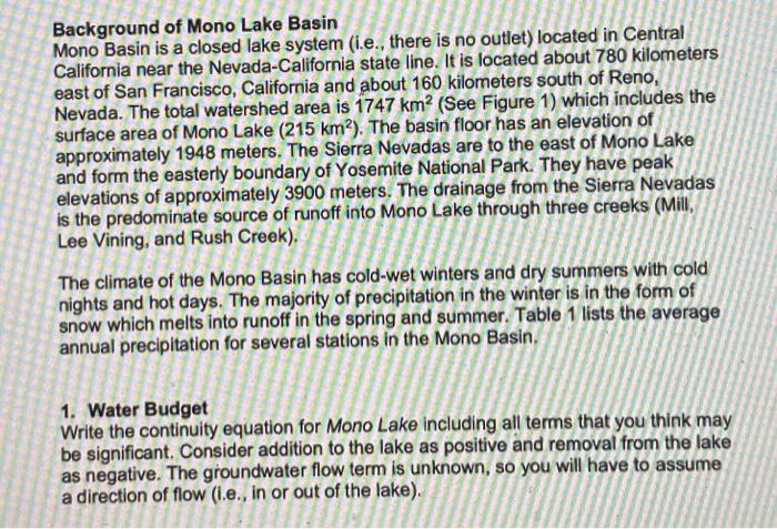 Background of Mono Lake Basin Mono Basin is a closed | Chegg.com