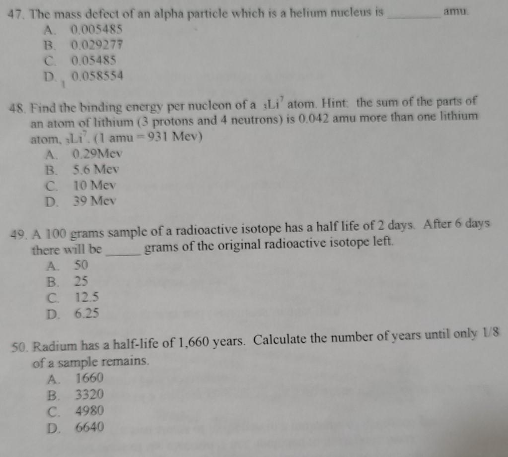 Solved amu 47. The mass defect of an alpha particle which is | Chegg.com
