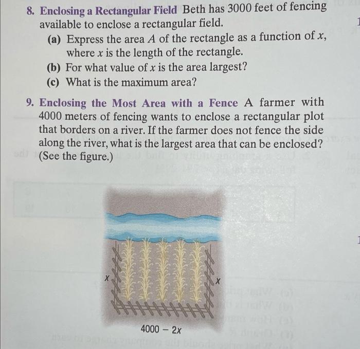Solved 8. Enclosing a Rectangular Field Beth has 3000 feet | Chegg.com