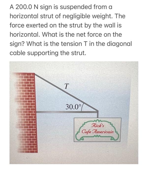 Solved A 200.0 N sign is suspended from a horizontal strut | Chegg.com