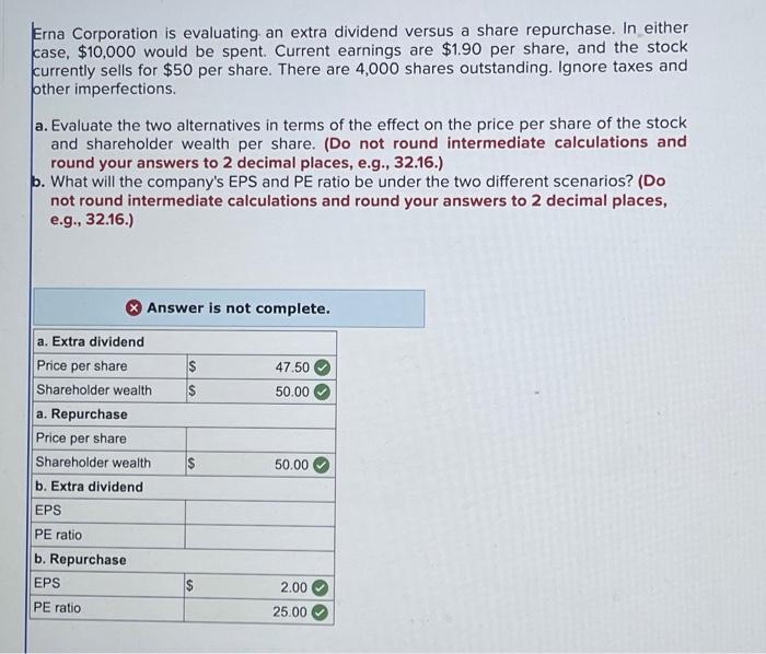 Solved Erna Corporation is evaluating an extra dividend | Chegg.com