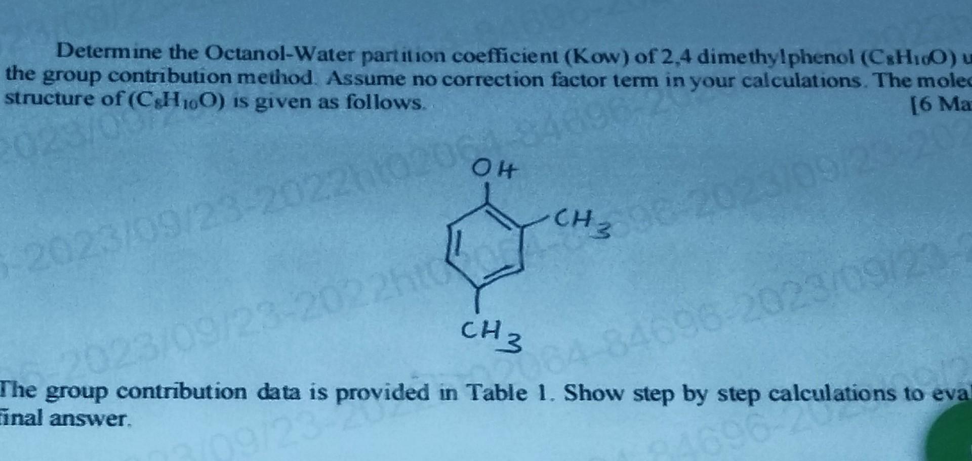 Determine the Octanol-Water partition coefficient | Chegg.com