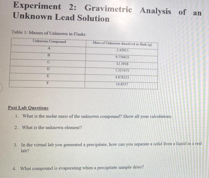 Solved Experiment 2: Gravimetric Analysis Unknown Lead | Chegg.com
