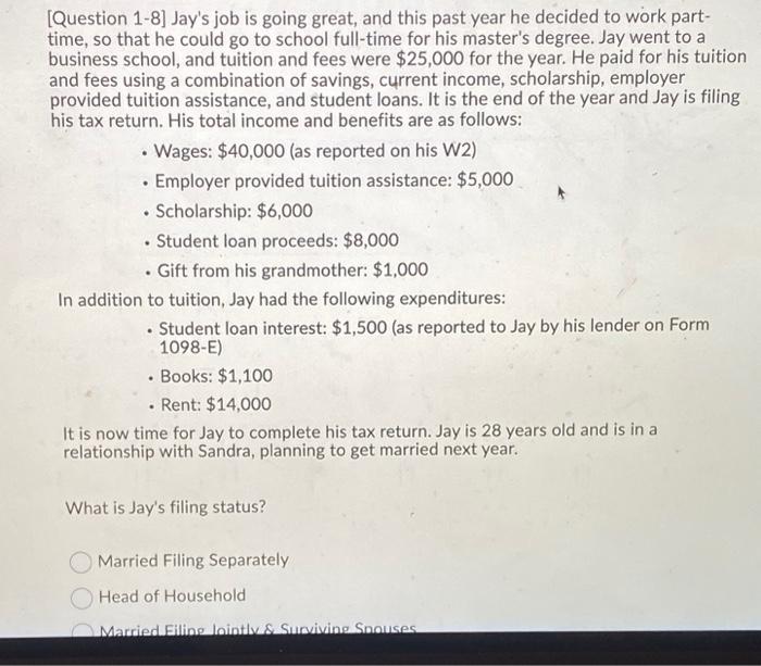 Solved what is jay's filing status?1. married filing | Chegg.com