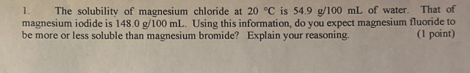 Solved The solubility of magnesium chloride at 20°C ﻿is | Chegg.com