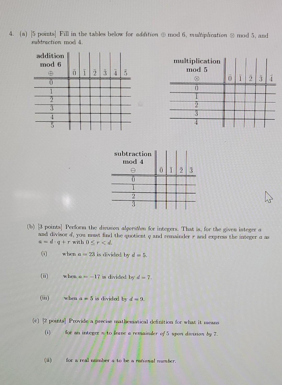 Solved 4. (a) [5 points] Fill in the tables below for | Chegg.com