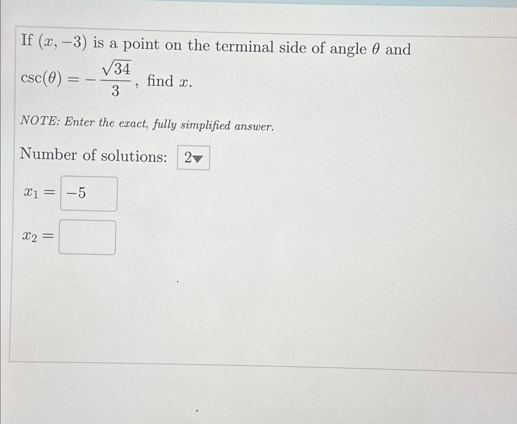Solved If (x,-3) ﻿is a point on the terminal side of angle θ | Chegg.com