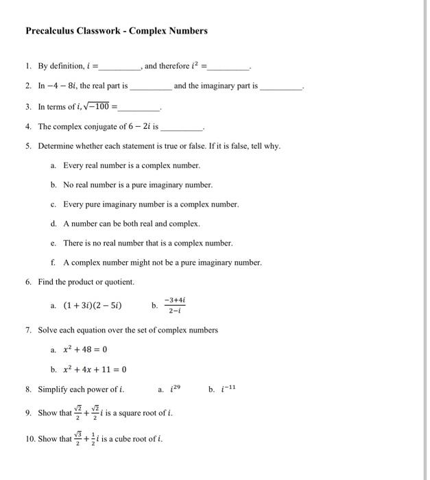 Solved Precalculus Classwork Complex Numbers 1 By