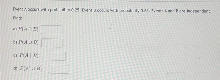 Solved Event A occurs with probability 0.25. Event B occurs | Chegg.com