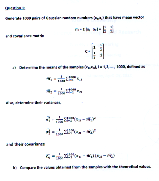 Generate 1000 pairs of Gaussian random numbers | Chegg.com