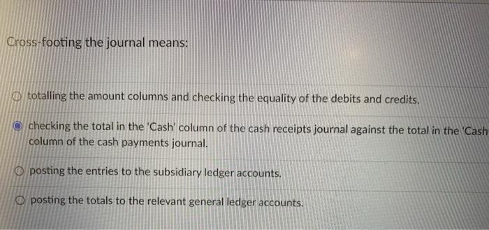 Solved Cross-footing the journal means: totalling the amount | Chegg.com