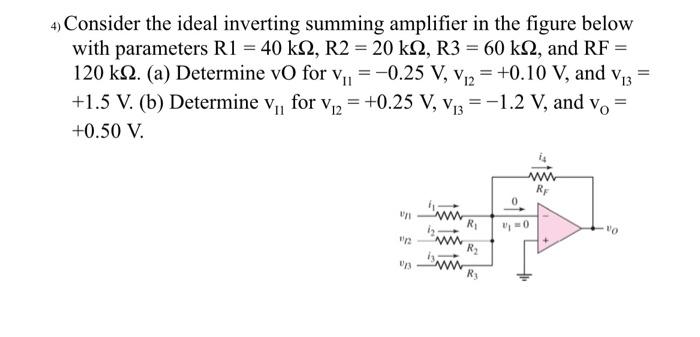 Solved 4) Consider the ideal inverting summing amplifier in | Chegg.com