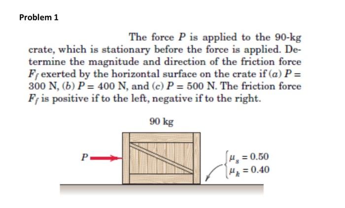 Solved Problem 1 The force P is applied to the 90-kg crate, | Chegg.com