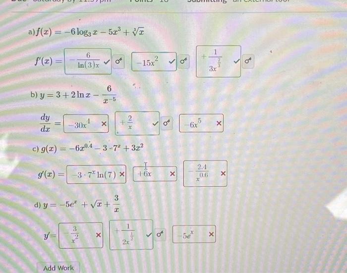 Solved f(x)=−6log3x−5x3+3x f′(x)= y=3+2lnx−x−56dxdy= c) | Chegg.com