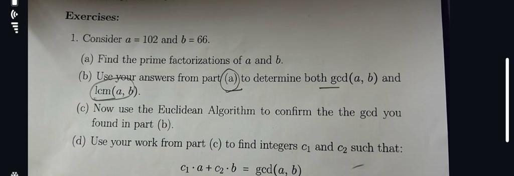 Solved Exercises:Consider a=102 ﻿and b=66.(a) ﻿Find the | Chegg.com