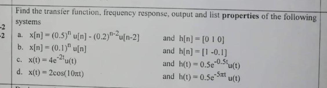 Solved 2 Find the transfer function, frequency response, | Chegg.com