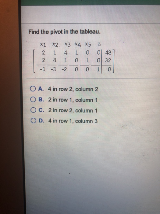 Solved Find the pivot in the tableau. z X1 X2 X3 X4 X5 2 1 4 | Chegg.com