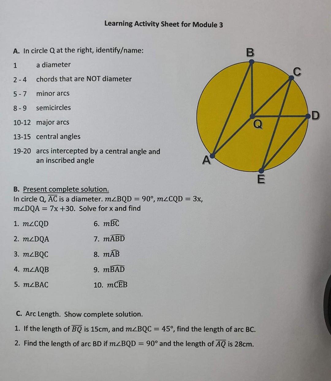 Solved Learning Activity Sheet for Module 3 A. In circle Q | Chegg.com