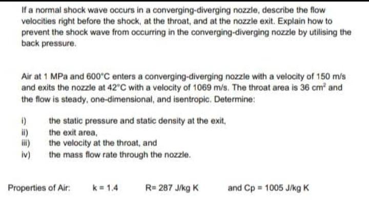 Solved If a normal shock wave occurs in a | Chegg.com