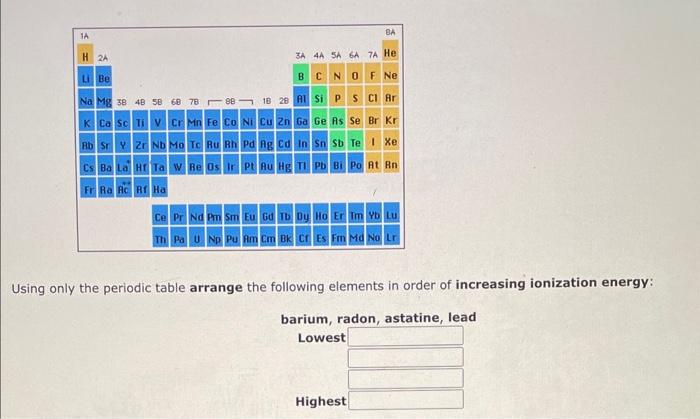 Solved Using only the periodic table arrange the following | Chegg.com