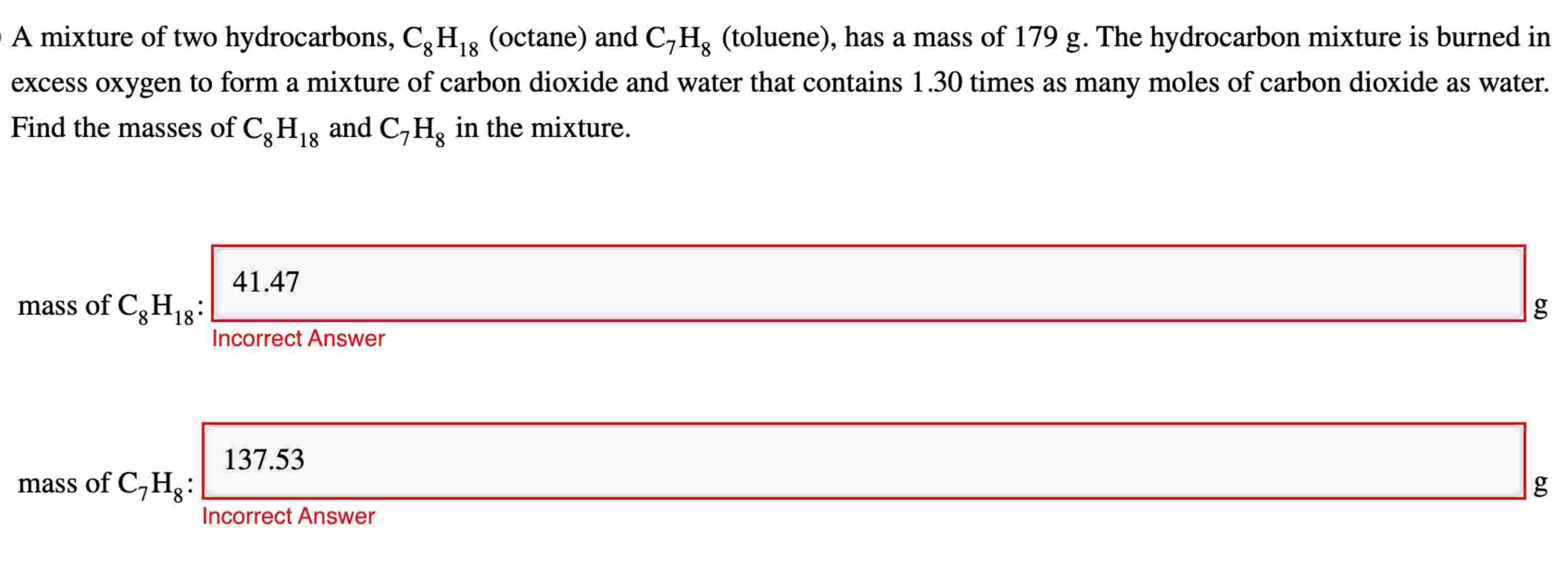Solved A mixture of ﻿two hydrocarbons, C8H18 (octane) ﻿and | Chegg.com