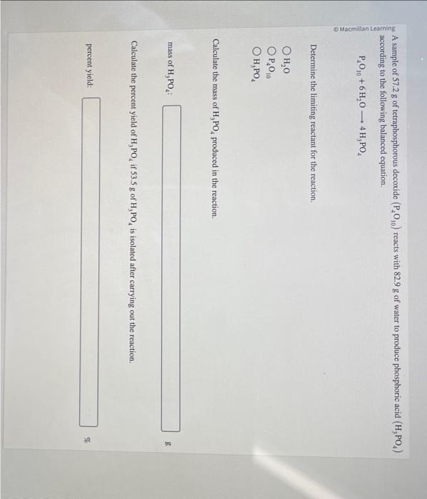 Solved A sample of 57.2 g of tetraphosphorous decoxide | Chegg.com