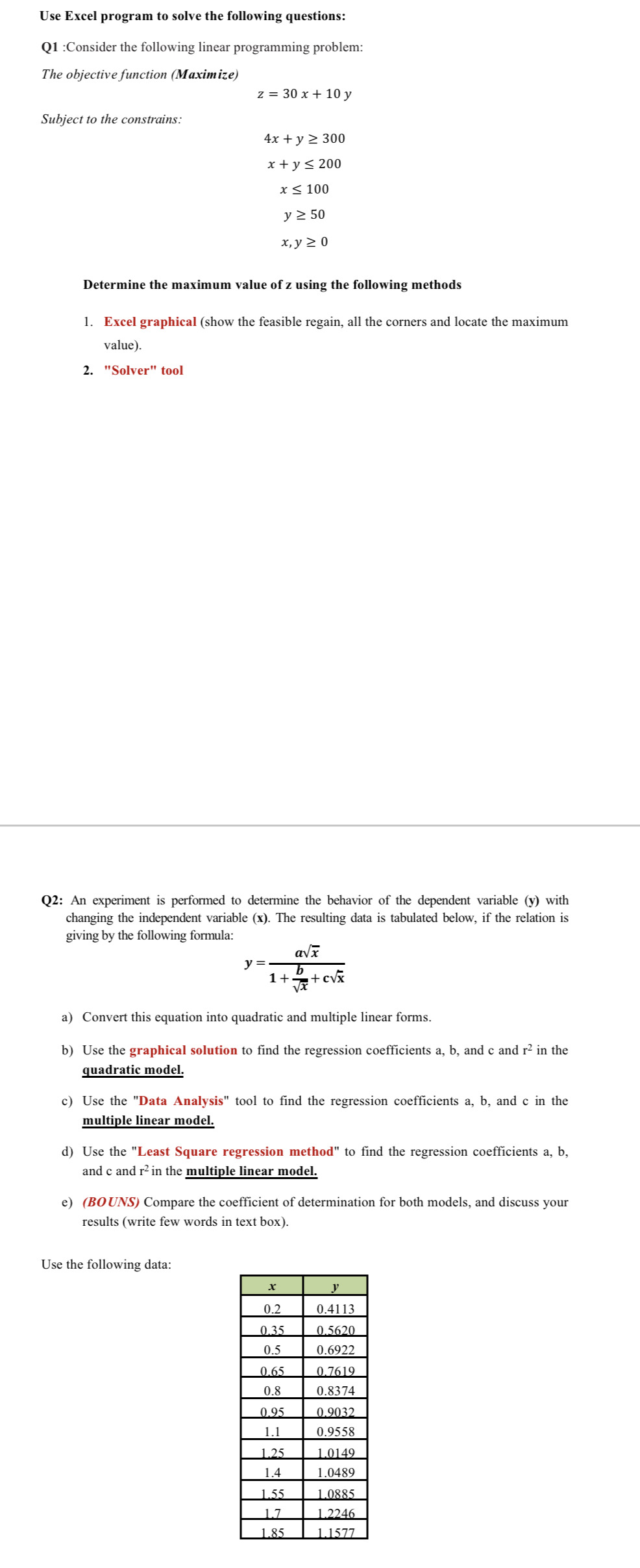 Solved Use Excel Program To Solve The Following Questions Q1
