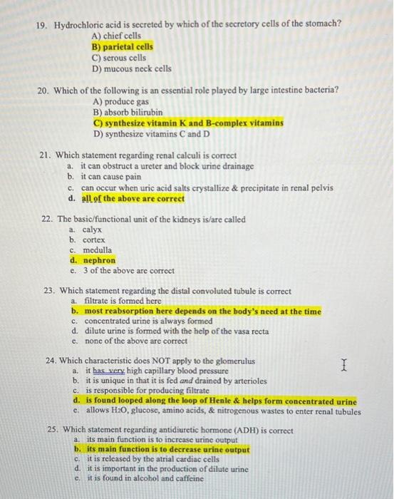 Solved 19. Hydrochloric acid is secreted by which of the | Chegg.com