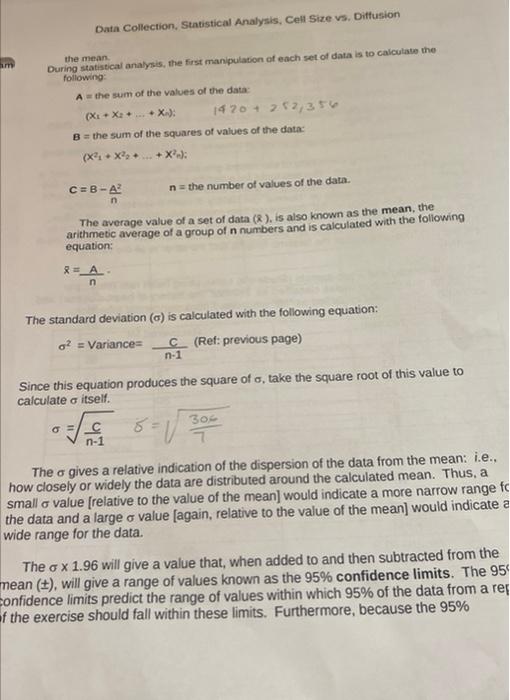 Data Collection, Statistical Analysis, Cell Size vs. | Chegg.com