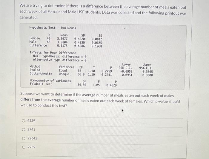 Solved We are trying to determine if there is a difference | Chegg.com