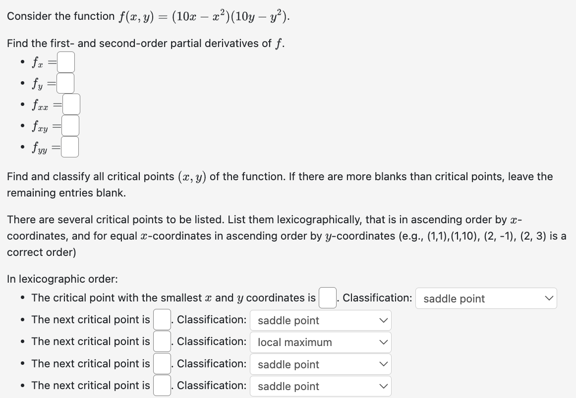 Solved Consider the function f(x,y)=(10x-x2)(10y-y2).Find | Chegg.com