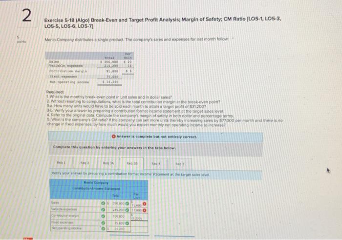 Solved 2 Exercise 5-18 (Algo) Break-Even and Target Profit | Chegg.com